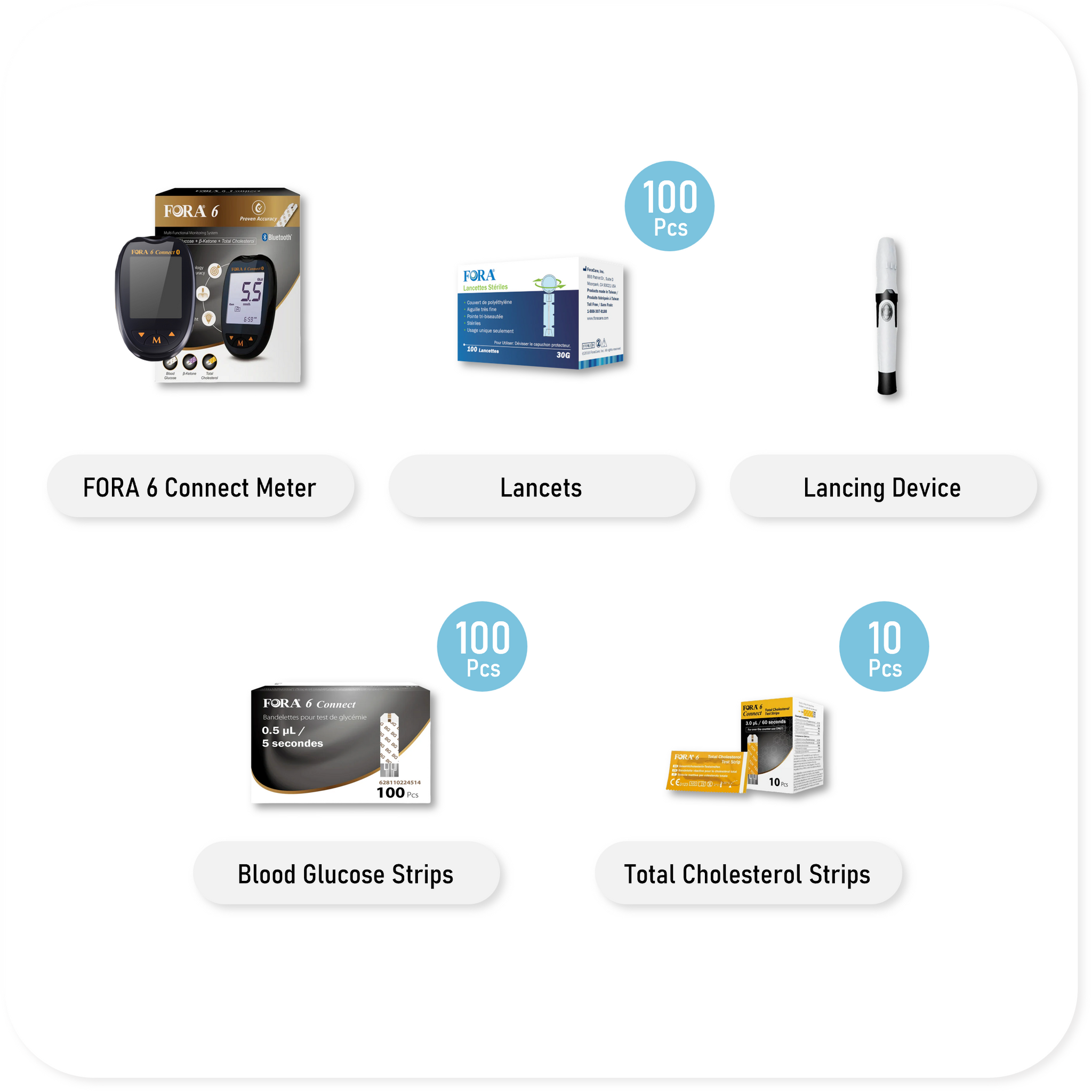 FORA 6 Connect Glucose & Total Cholesterol Kit - 100 Glucose, 10 Total ...